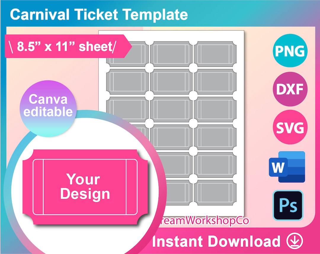 Carnival Ticket Template Canva ms Word PSD PNG SVG Dxf - Etsy
