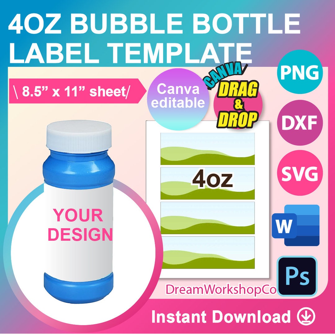 4oz Bubble Bottle Label Template, Sublimation Template, Canva, SVG, DXF ...