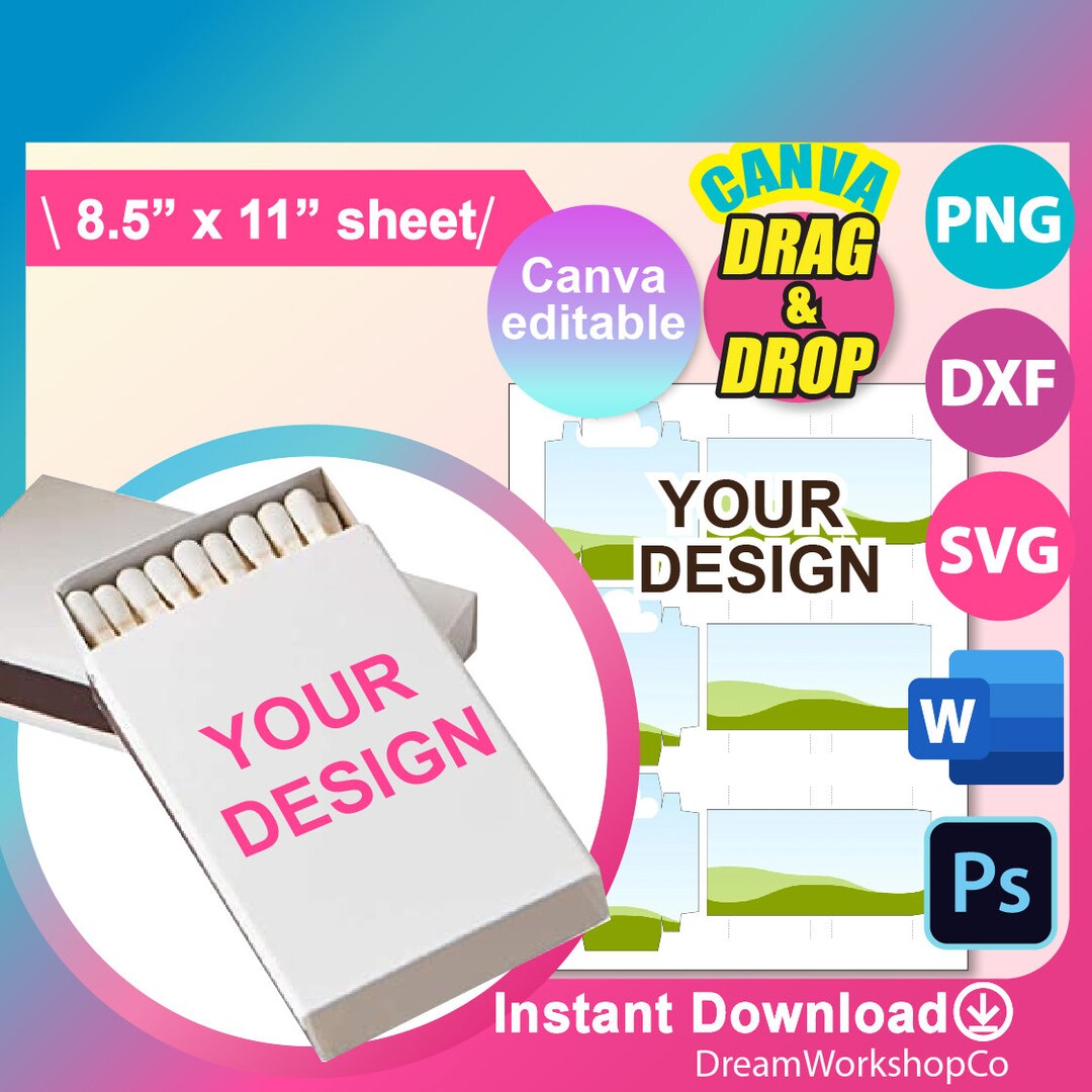 Matchbox Template, Matchbox Template SVG, DXF, Canva, Ms Word DOCX, Png ...