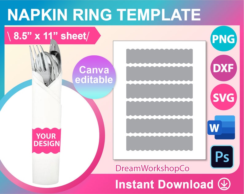 Scalloped Napkin Ring Template Napkin Wraps Canva Ms Word - Etsy