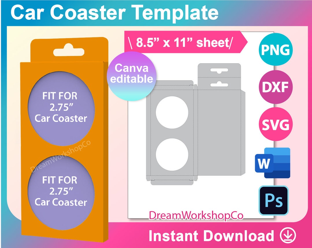 Car Cup Coaster Package Template, 2pcs Car Coaster Box Template, Car ...