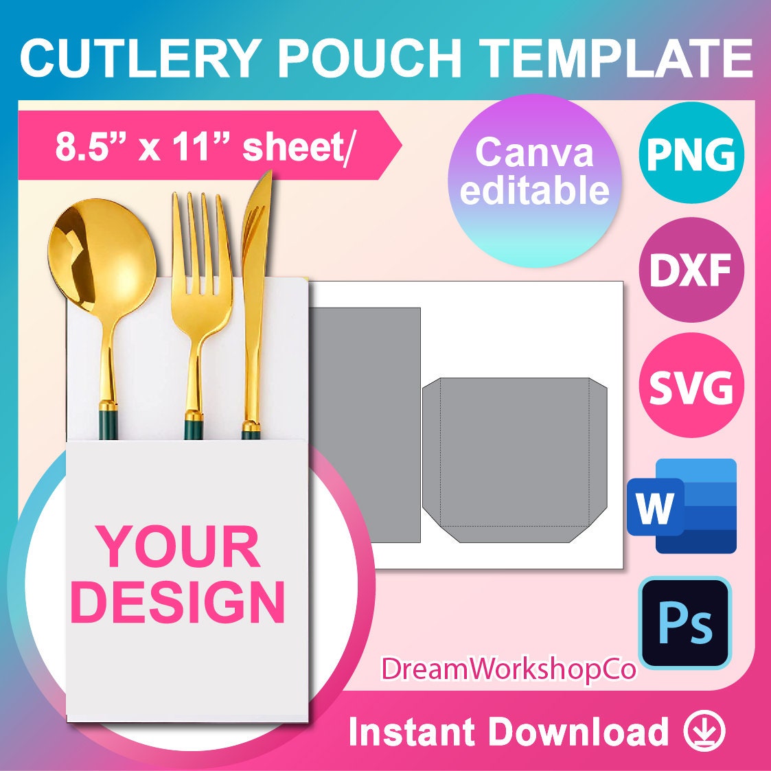 Cutlery Pouch Template, Cutlery Set Template, Cutlery Paper Holder ...