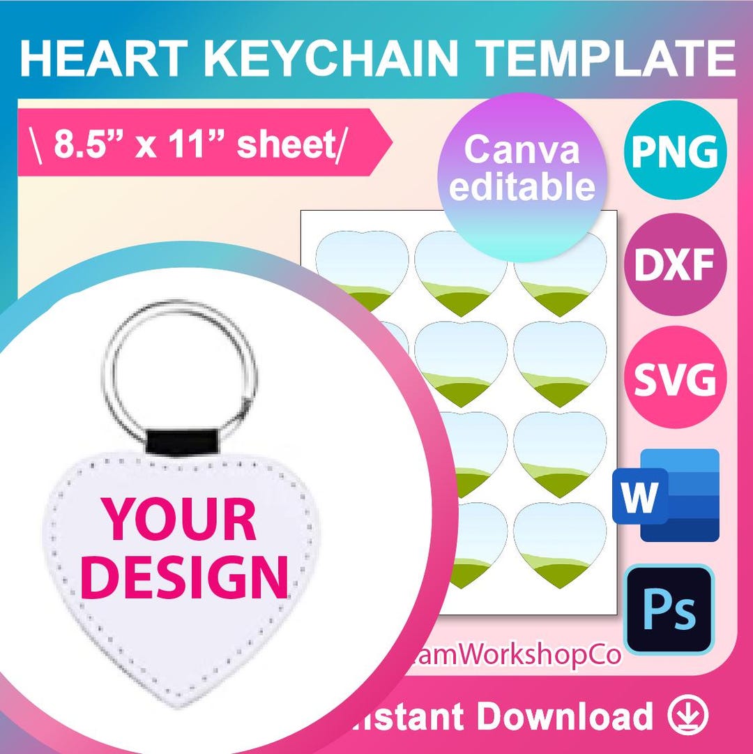 Heart Keychain Template, Sublimation Template, SVG, DXF, Canva, Ms Word ...