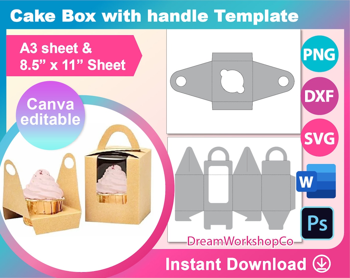 Muffin Box Template With Handle, Canva, SVG, Dxf, PSD, PNG, Digital ...