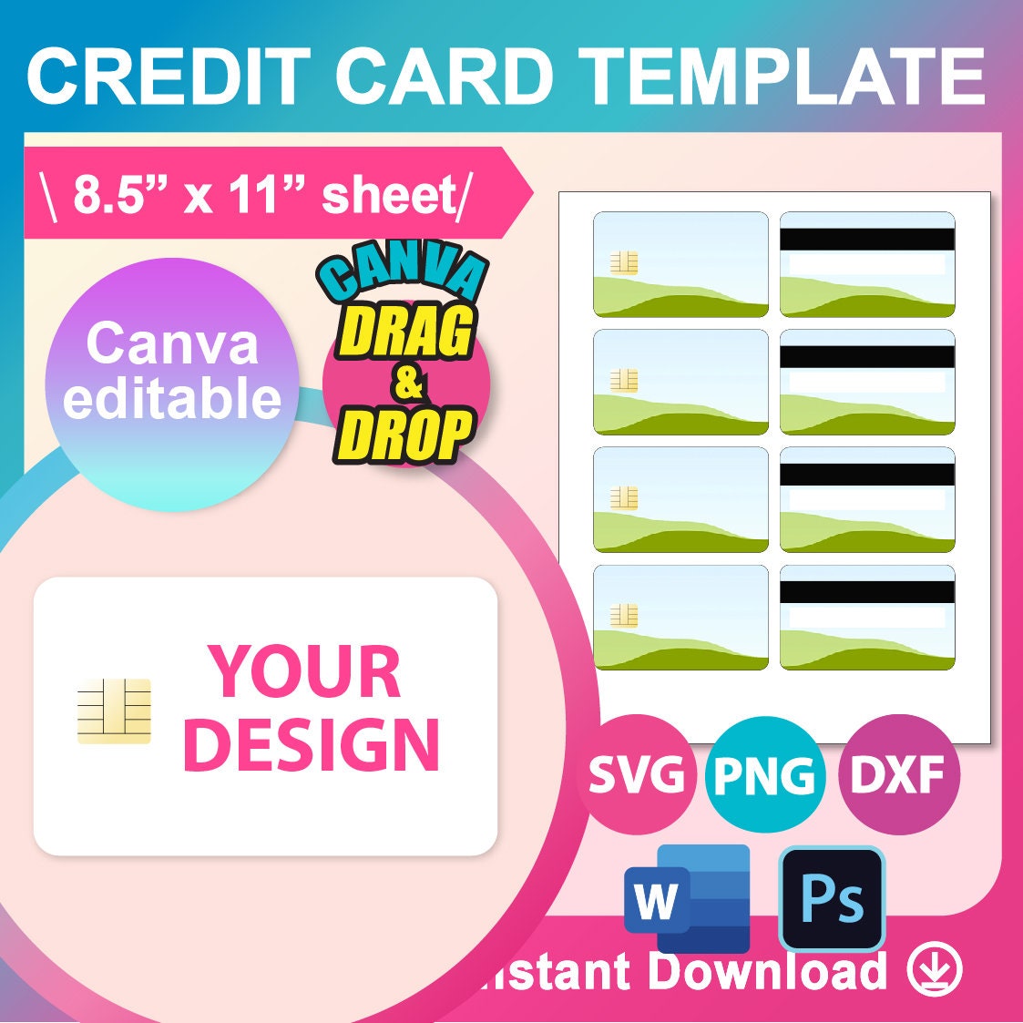 Credit Card Template: Printable 8.5"x11", Canva, SVG, PNG, DXF (instant ...