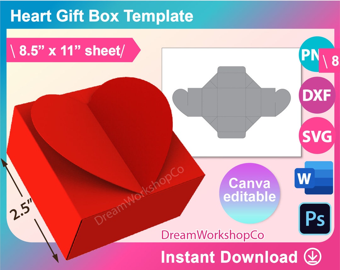 No-glue Heart Box Template, Cake Box, Bow Box Template, Cookie Box SVG ...