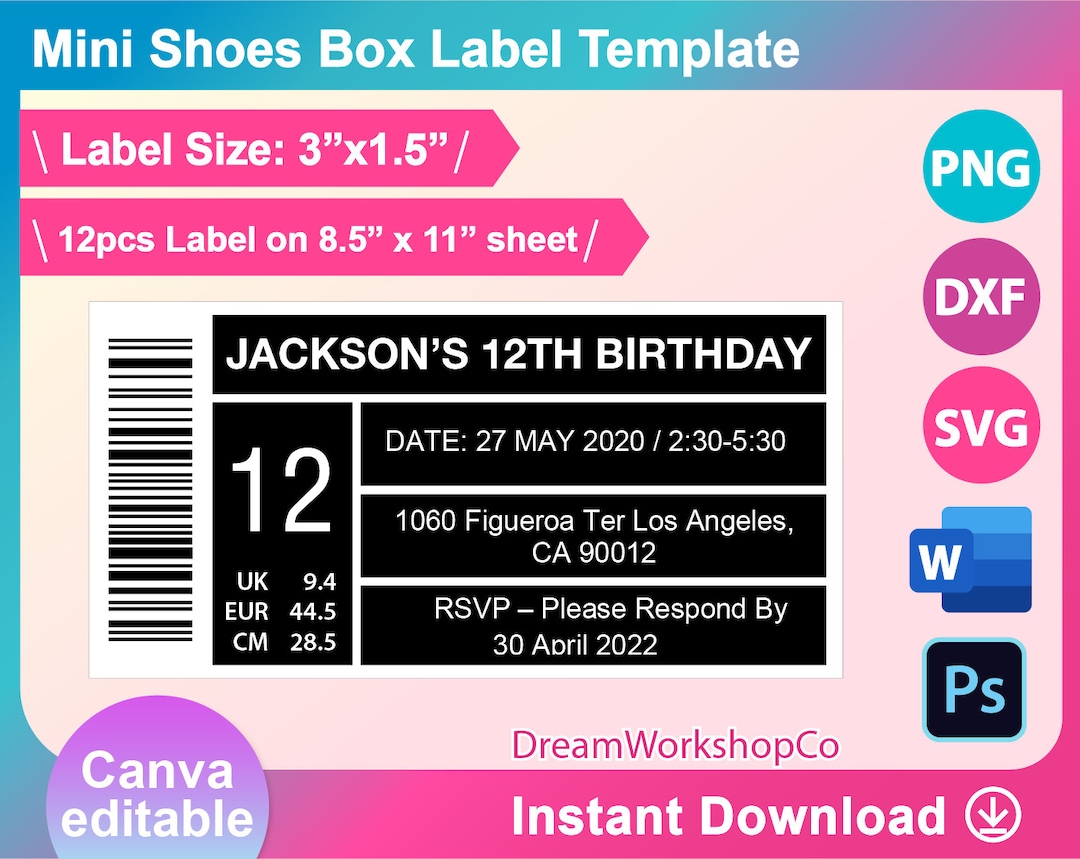 Mini Shoe Box Label Template, Canva, SVG, DXF, Psd, Png, 8.5x11 Sheet ...