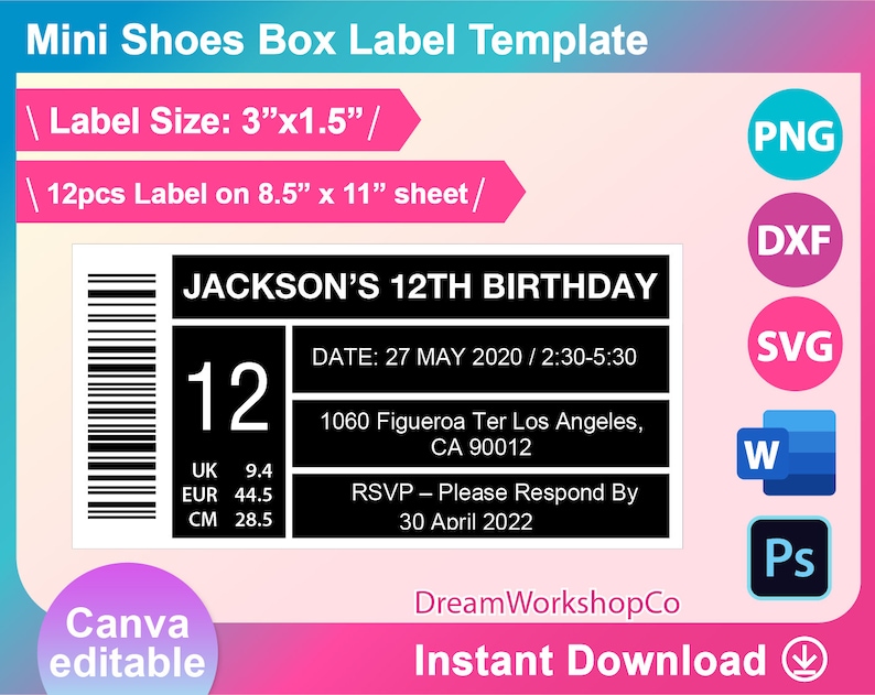 Mini Shoe Box Label Template, Canva, SVG, DXF, Psd, Png, 8.5x11 Sheet ...