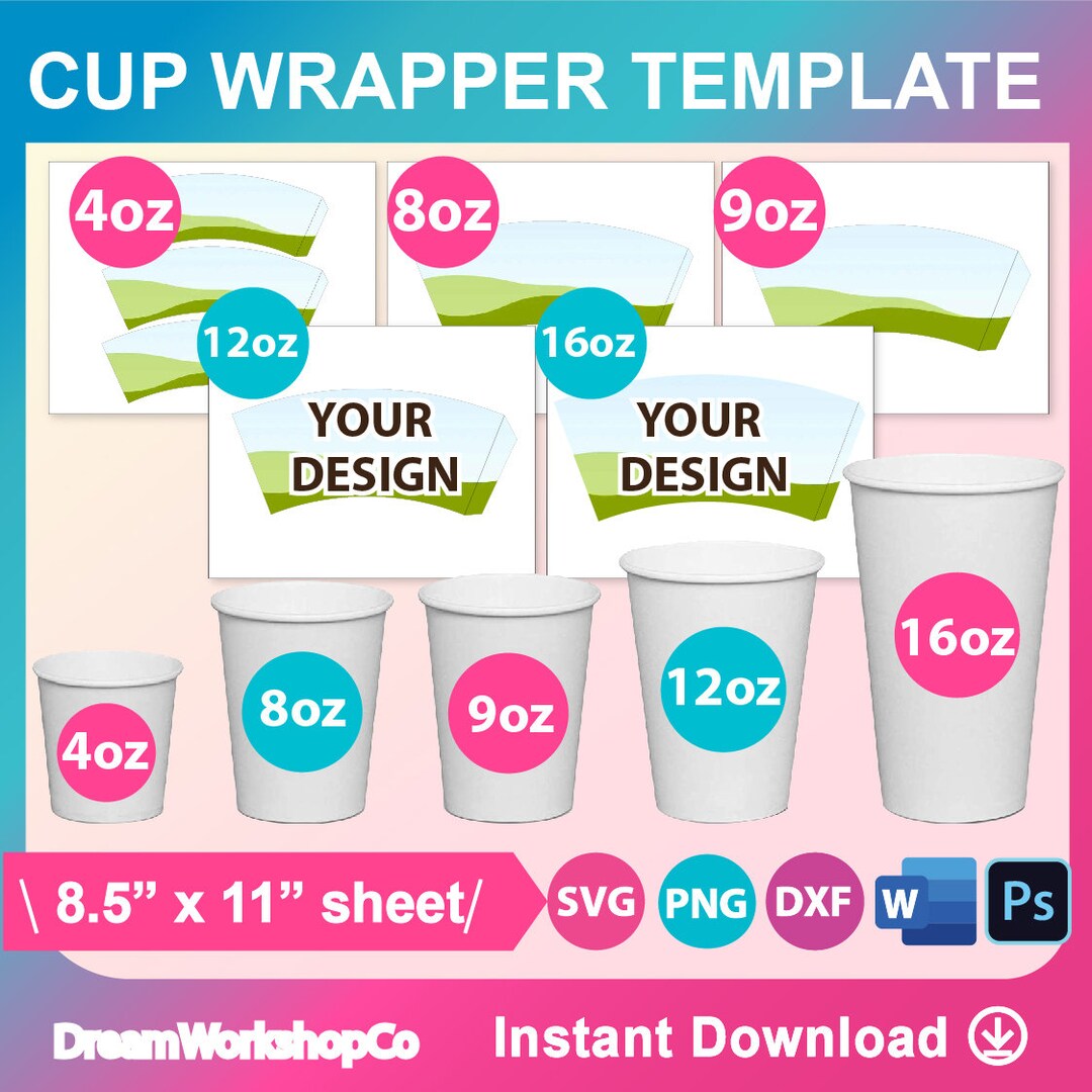 Bundle Cup Wrapper Template 5 Sizes, SVG, DXF, Canva, Ms Word Docx, Png ...