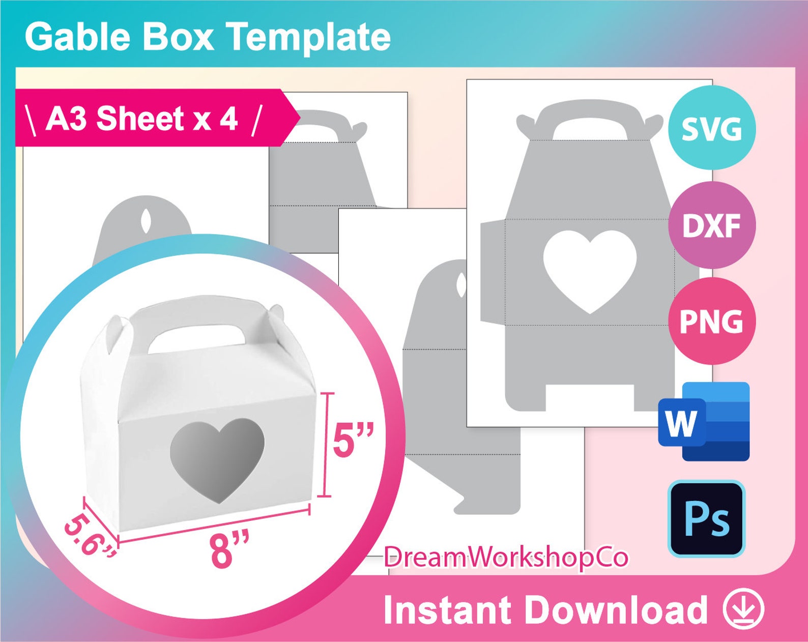 Heart Gift Box Large Gable Box Template Box With Handle | Etsy