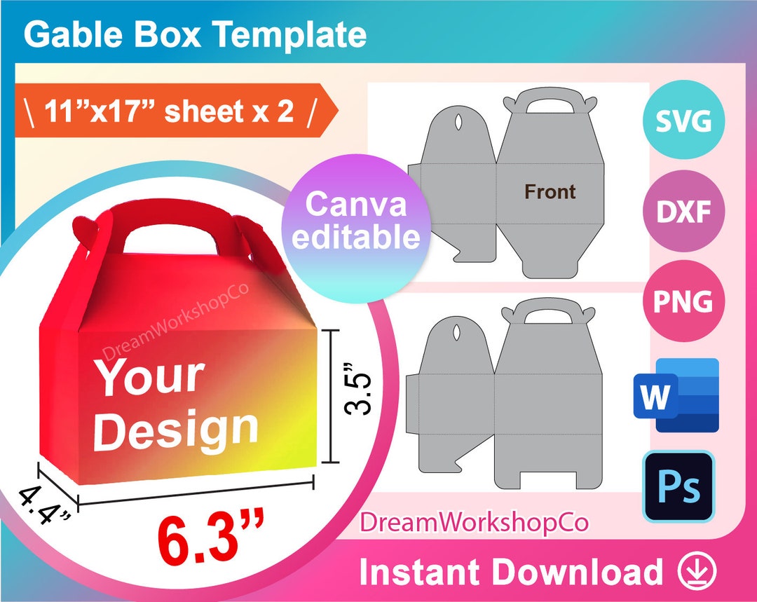 Gable Box Template, Box With Handle Template, Gift Box SVG, DXF, Canva ...