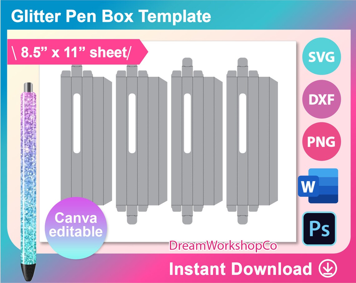 Glitter Pen Box Template Glitter Pen Box Template SVG Canva - Etsy