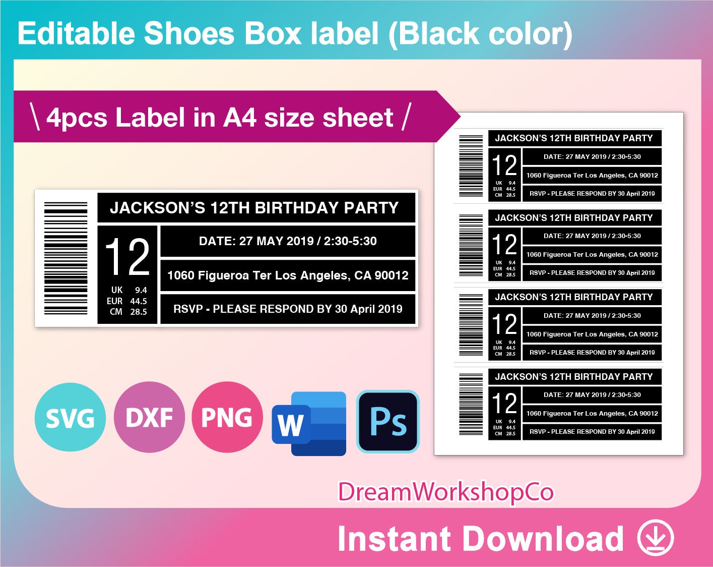 Editable Shoe box label Template Ms Word Docx PDF | Etsy