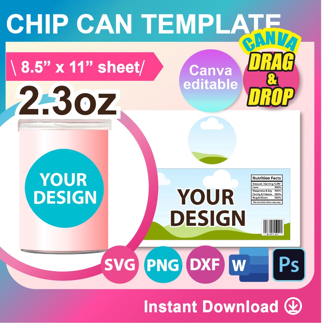 2.3oz Chip Can Template, Chip Can Label Template, SVG, Canva, DXF, Ms ...