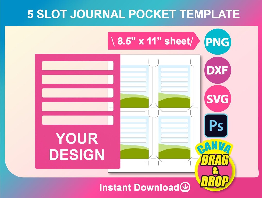 5 Slot Journal Pocket Template: SVG DXF Canva Ms Word Png Psd (8.5x11 ...