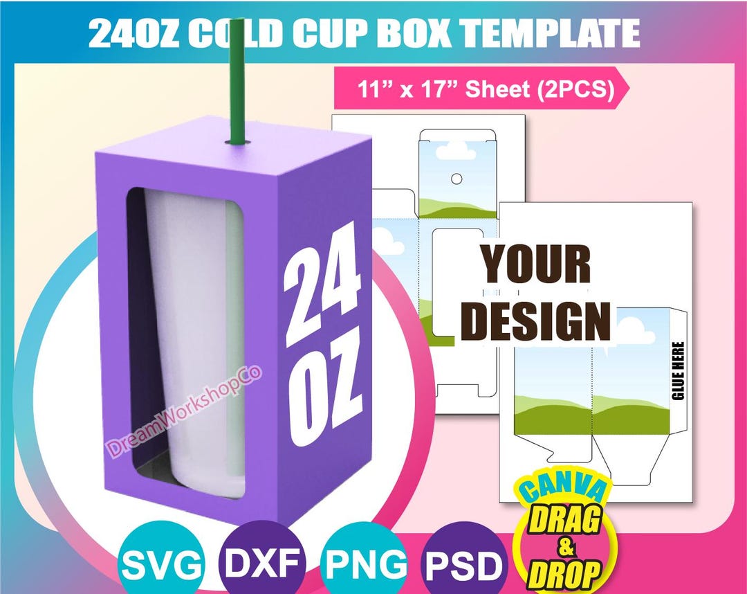 24oz Cold Cup Box Template, Gift Box Template, Window Box Template, SVG ...