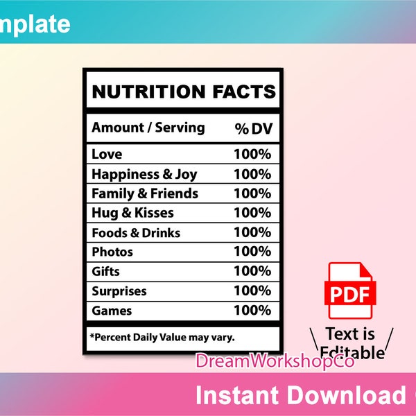 Prom Nutrition Facts Template - Etsy