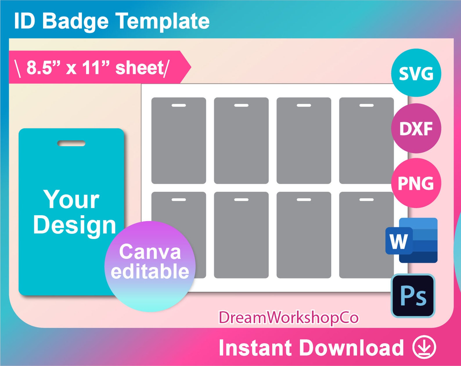 ID Badge Template, Blank ID Card Design, Canva (svg, Dxf) (8.5"x11 ...