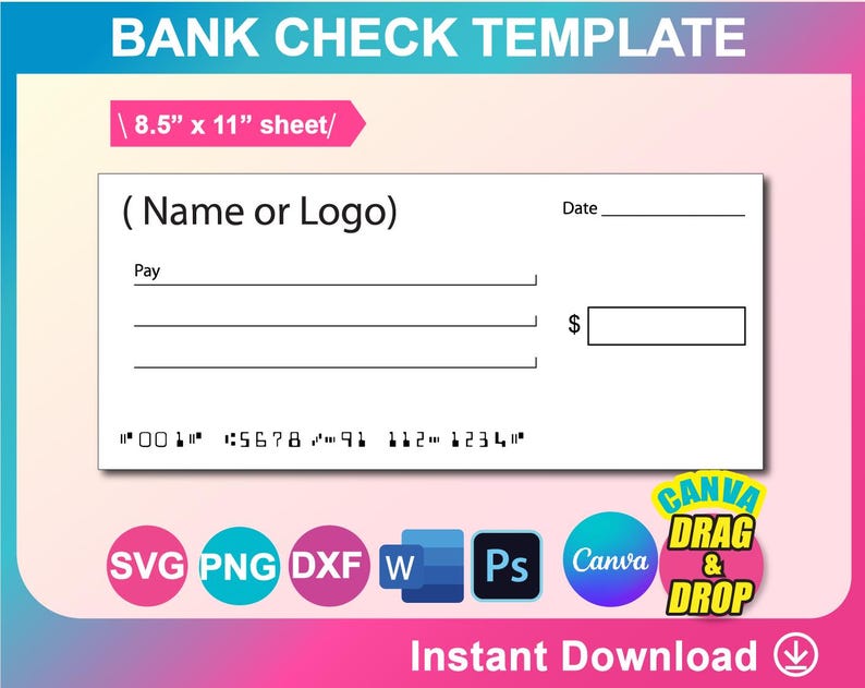 Bank Check Template, Cheque, Printable 8.5x11" Sheet (instant Download ...