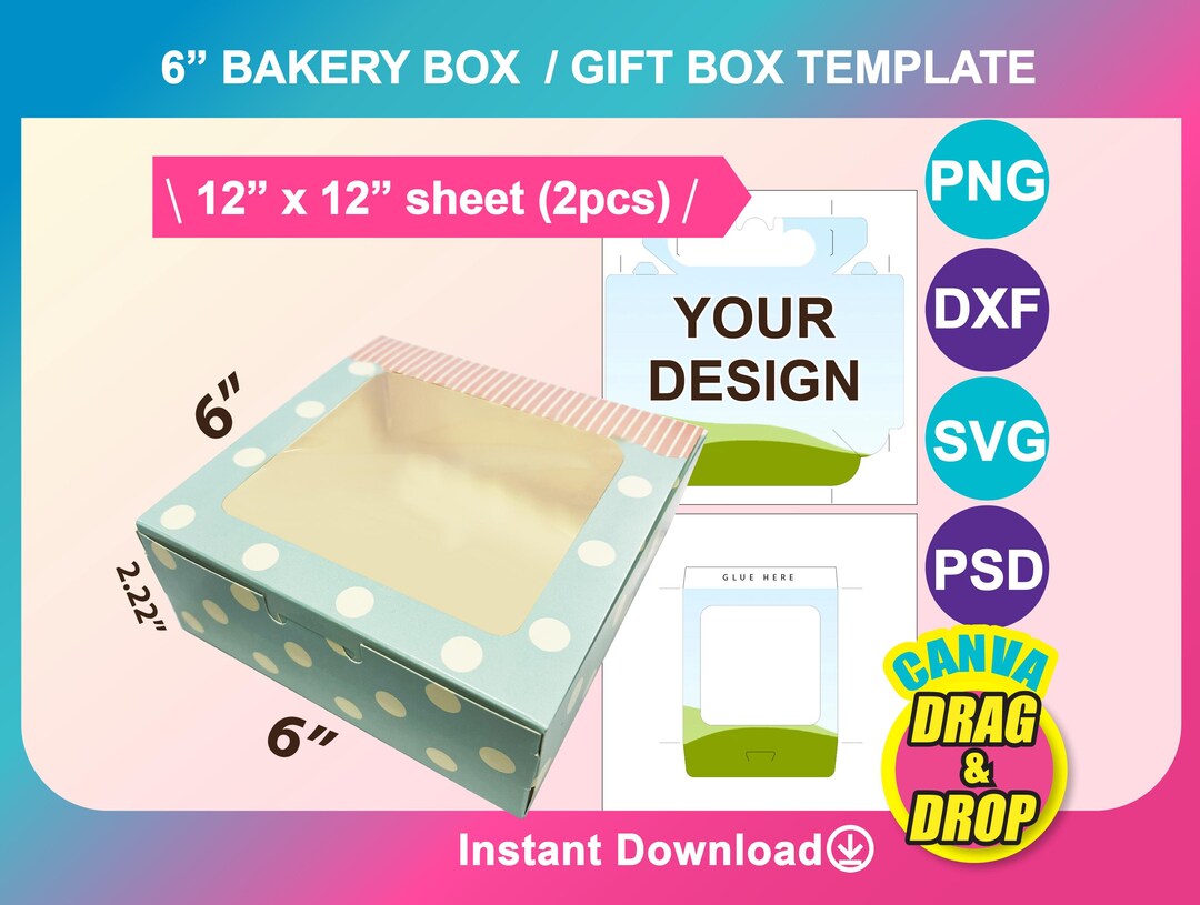 6inch Window Box Template, Cake Box (svg, Canva, Dxf, Png, Psd, Docx ...