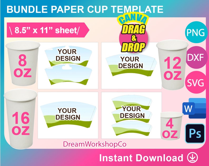 4 Sizes Cup Wrapper Template Bundle: SVG, DXF, Canva, Png, Psd (8.5"x11 ...