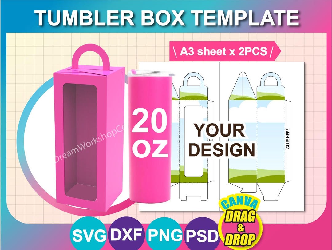 20oz Skinny Tumbler Box Template, Gift Box With Handle Template, Window ...
