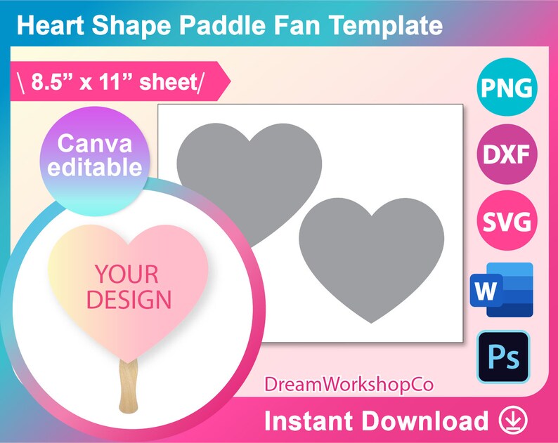 Heart Paddle Fan Template PSD PNG and SVG Canva Microsoft - Etsy