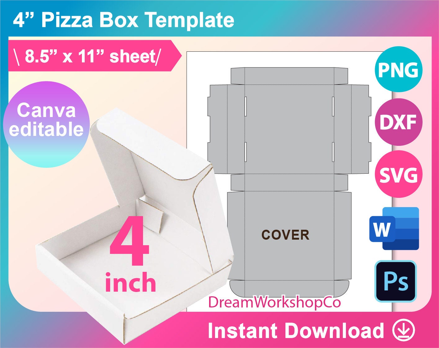 4inch Pizza Box Template 4 Pizza Box SVG Cookies Box - Etsy UK