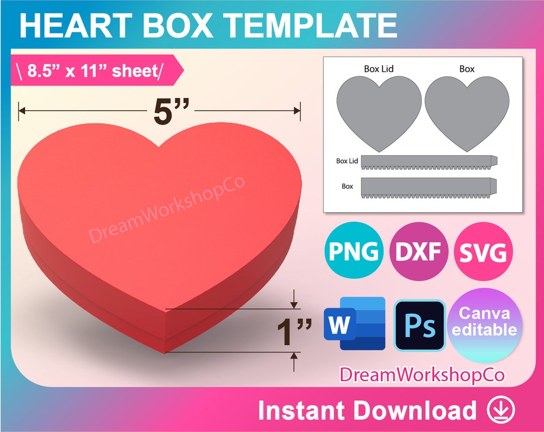Heart Box Template, Box With Lid Template, Wedding Favor Box, Gift Box ...