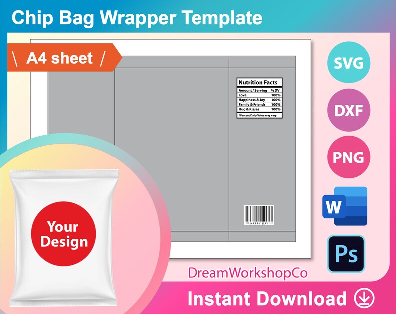 Chip Bag Template, Chip Bag Blank Template, Canva, SVG, DXF, Ms Word ...