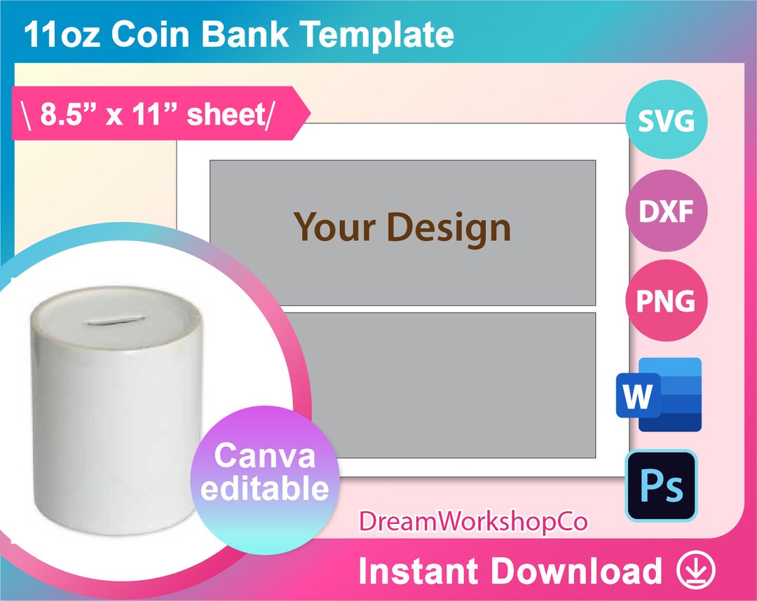 Ceramic Coin Bank Sublimation Template, SVG, DXF, Canva, Ms Word Docx ...