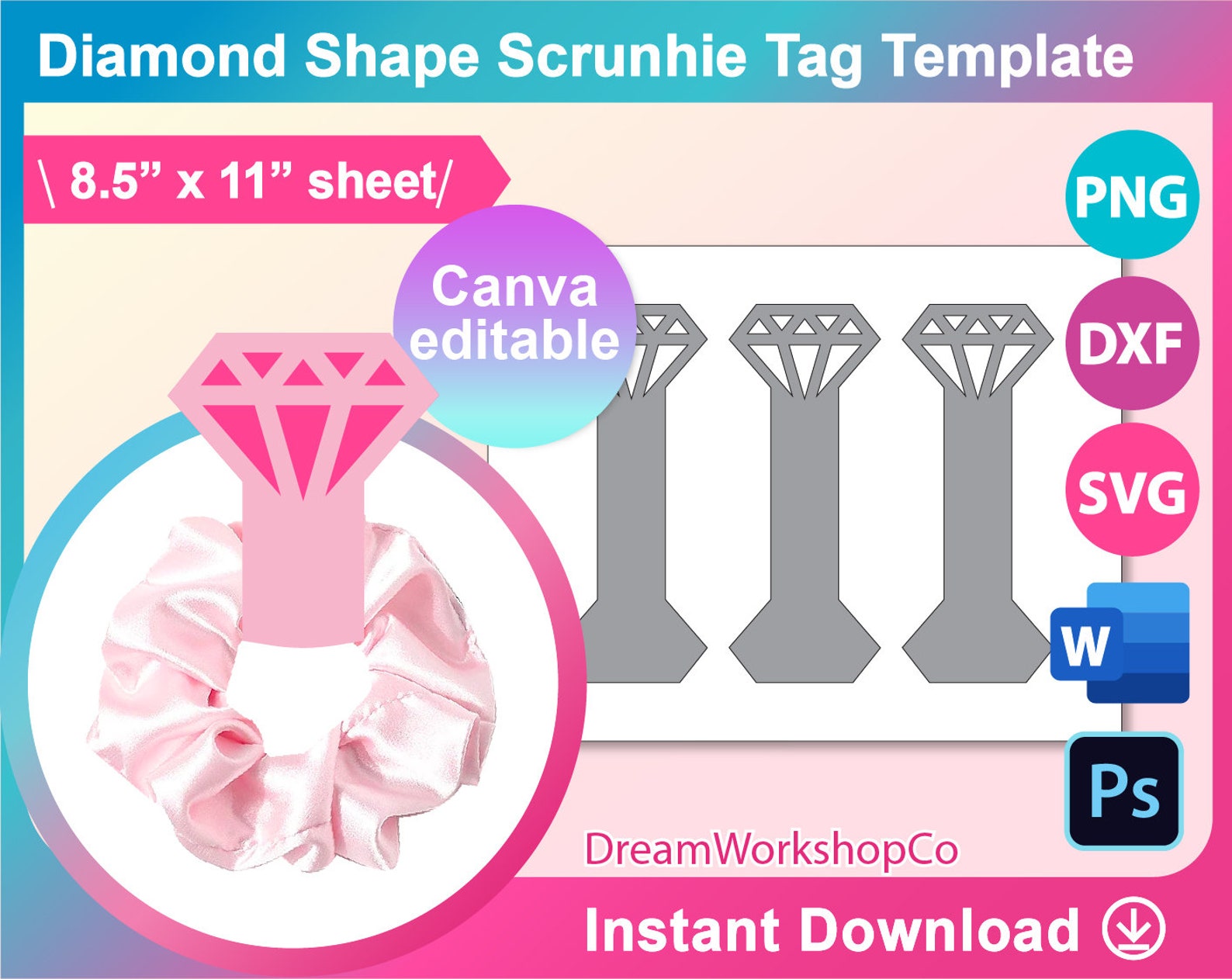Diamond Scrunchie Tag Template SVG Canva DXF Ms Word Docx - Etsy