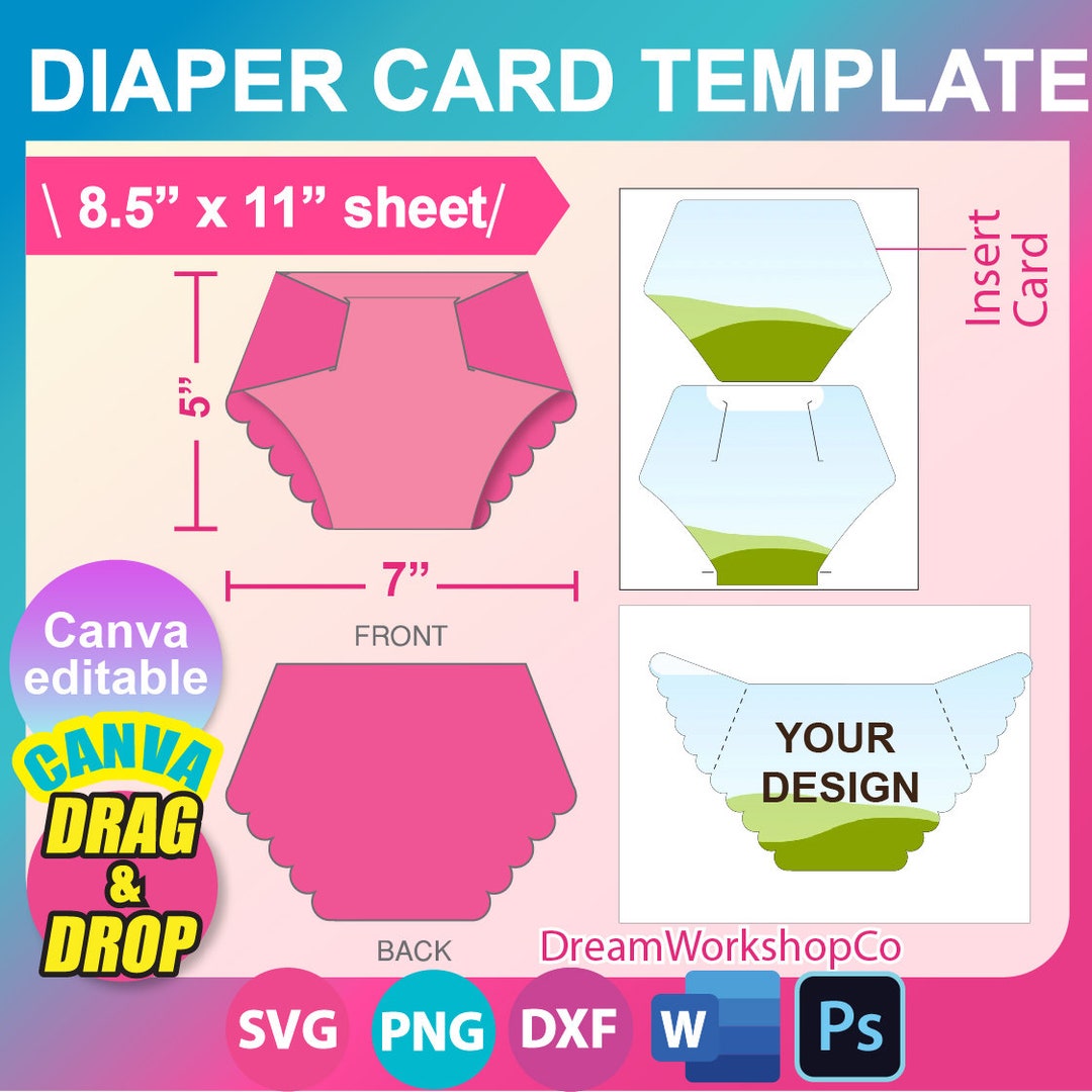 5"x7" Diaper Card Template, Baby Announcement, Baby Shower Invitaiton ...