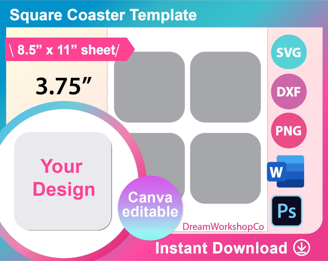 Round Corner Square Cup Coaster Template SVG DXF Ms Word - Etsy
