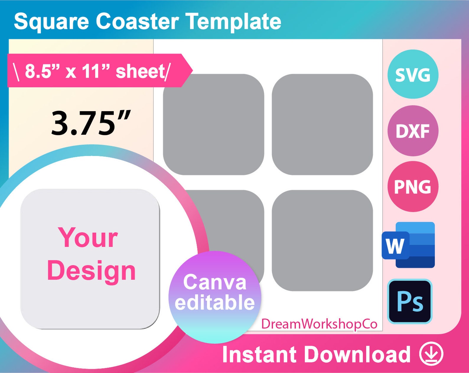 Round Corner Square Cup Coaster Template SVG DXF Ms Word - Etsy