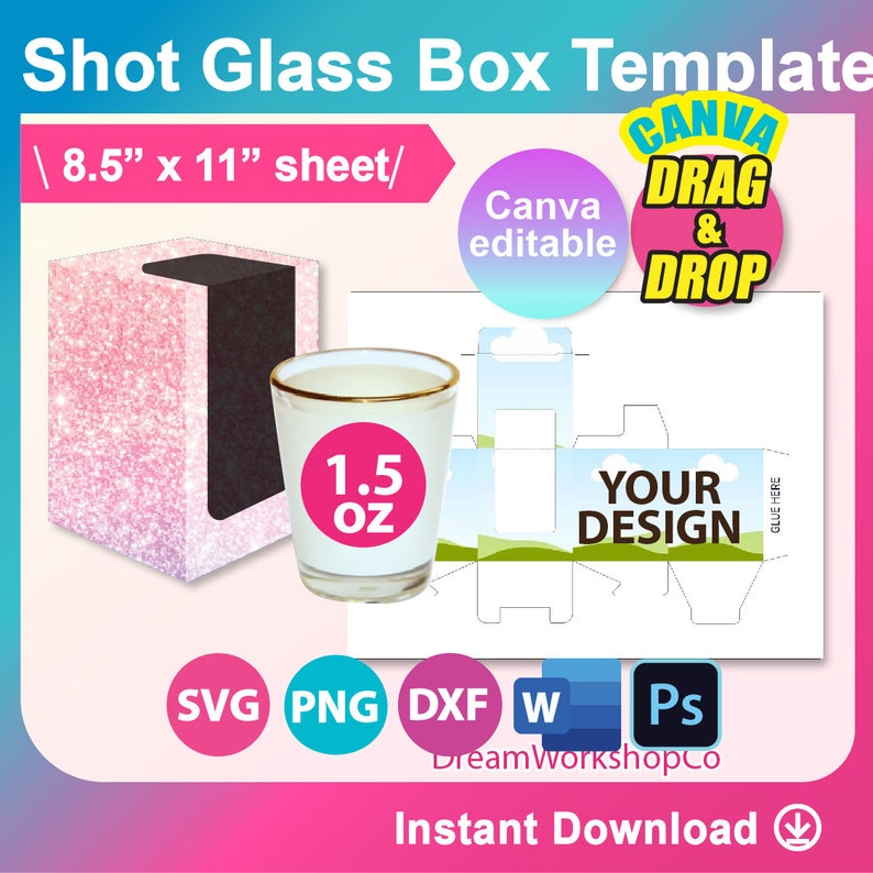 1.5oz Shot Glass Gift Box Template, Canva, SVG, DXF, Png, Psd, 8.5"x11 ...