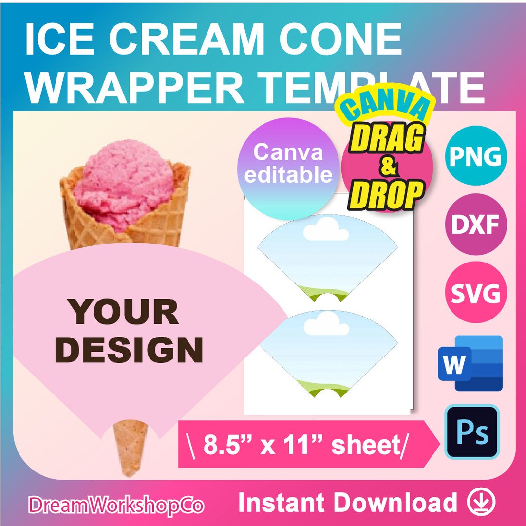 Ice Cream Cone Wrapper Template: Canva, PSD, SVG, PNG, Docx (8.5"x11" Sheet) (digital Download ...