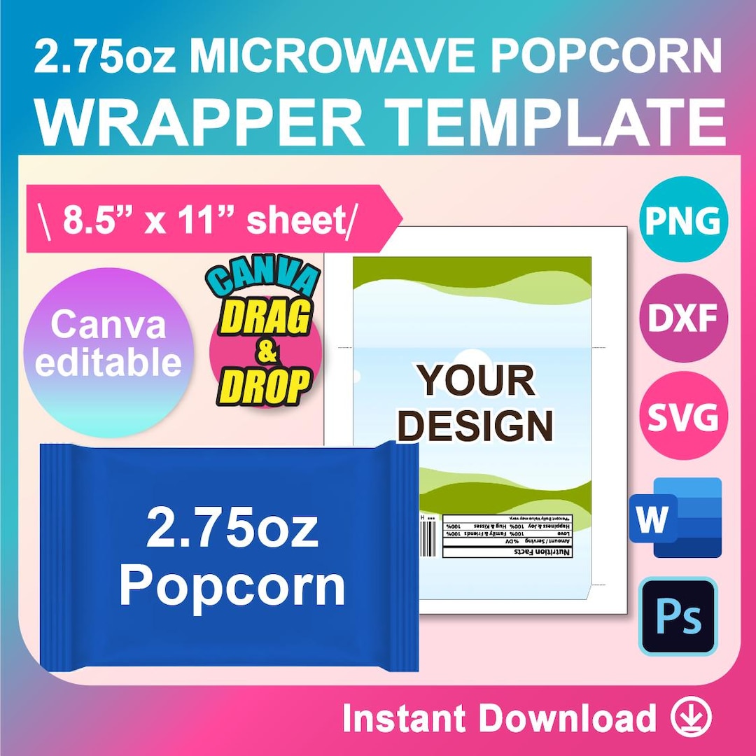 Microwave Popcorn Wrapper Template, Canva, SVG, DXF, Png, Psd, 8.5"x11 ...