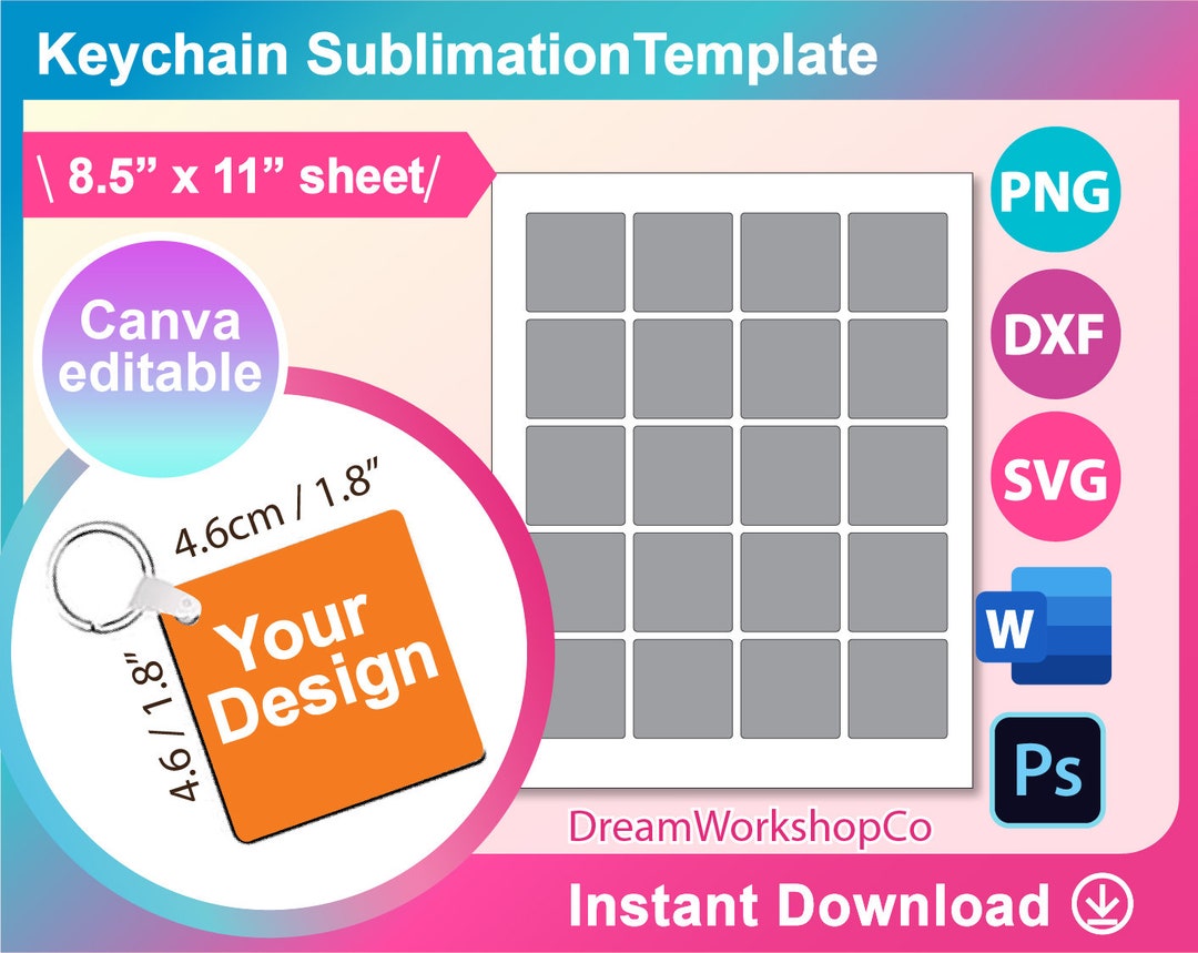 Square Keychain Template, Sublimation Template, SVG, Canva, DXF, Ms ...