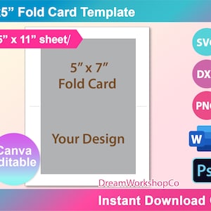 7"x5" Folded Card Template, Folded Note Card Template, SVG, DXF, Canva ...