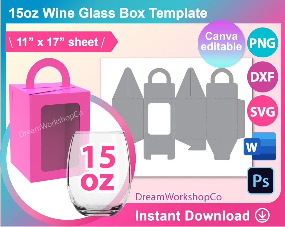 15oz Wine Glass Box Template, Wine Glass Box With Handle, Canva, Ms ...