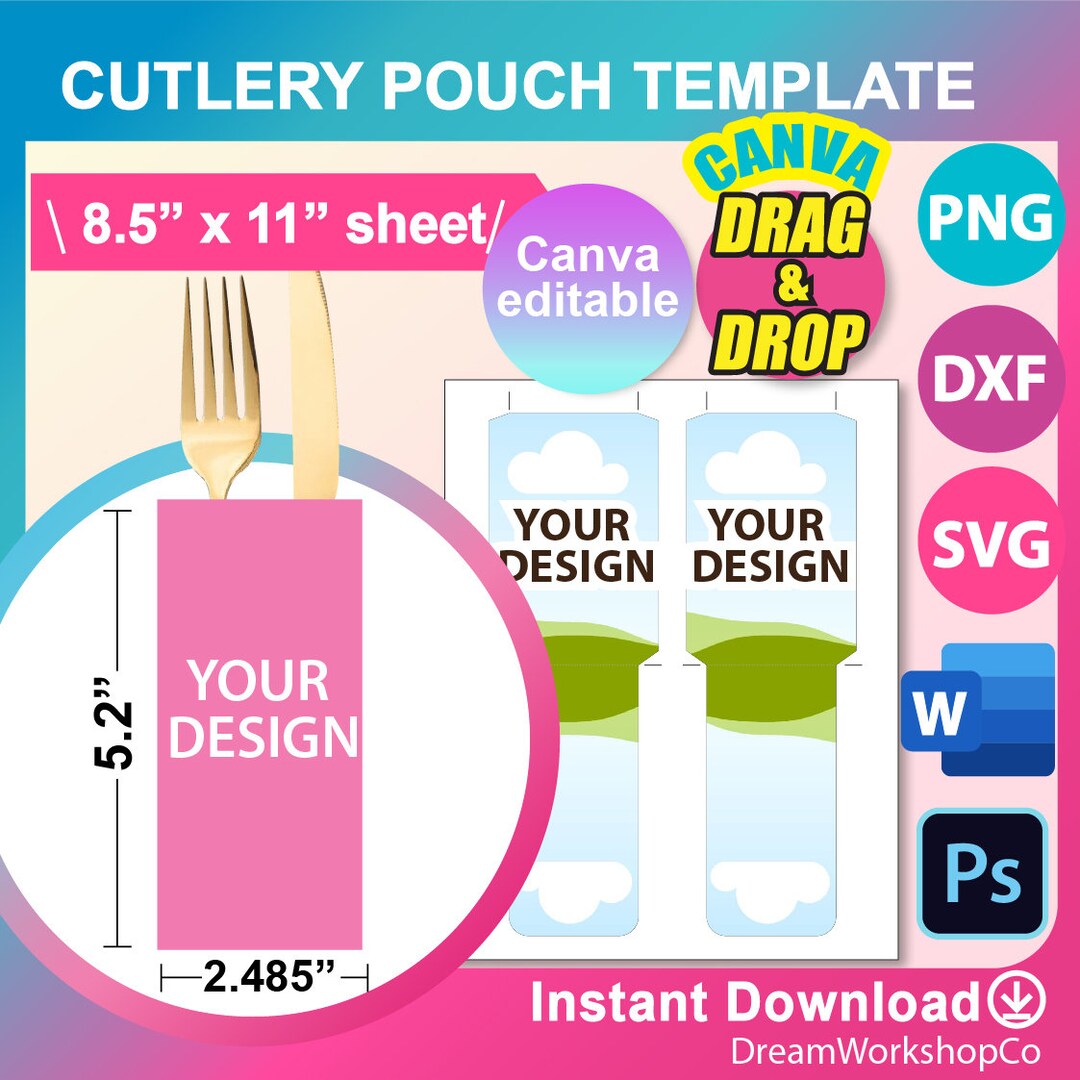 Cutlery Pouch Template, Cutlery Set Template, SVG, Canva, DXF, Ms Word ...