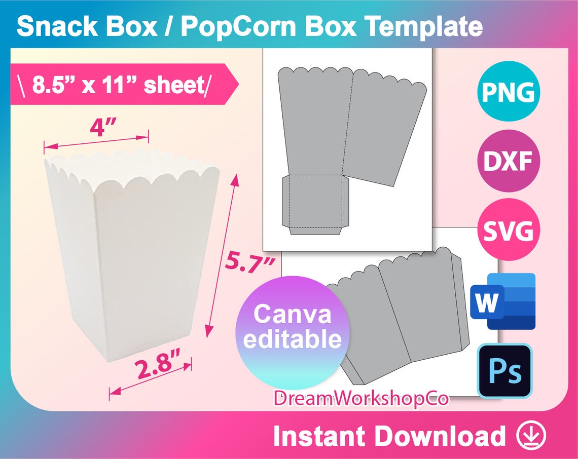 Pop Corn Box Template Snack Box Template SVG DXF Ms Word - Etsy