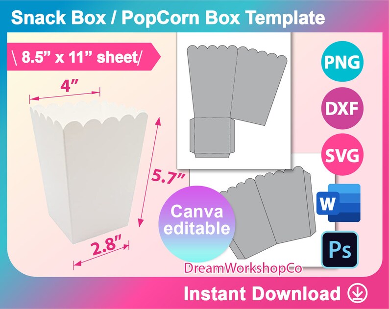 Pop Corn Box Template Snack Box Template SVG DXF Ms Word - Etsy