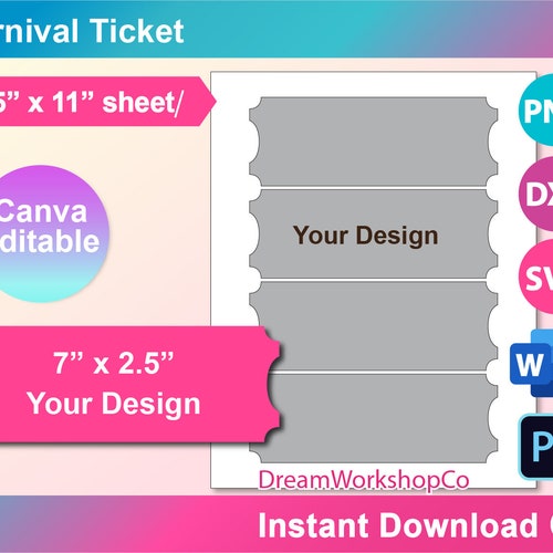 Carnival Ticket Template Canva ms Word PSD PNG SVG Dxf - Etsy