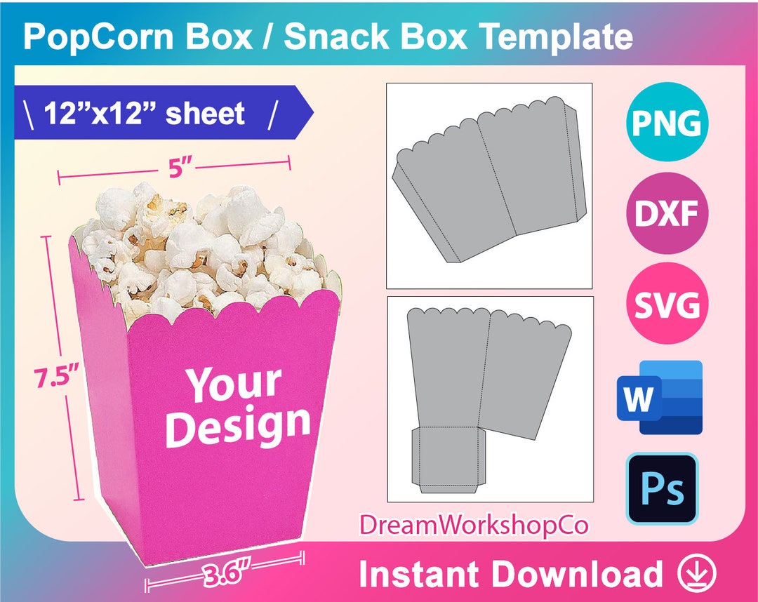 Scalloped Pop Corn Box Template, Snack Box Template, SVG, DXF, Ms Word ...