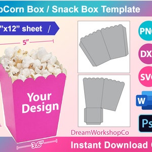 Scalloped Pop Corn Box Template, Snack Box Template, SVG, DXF, Ms Word ...
