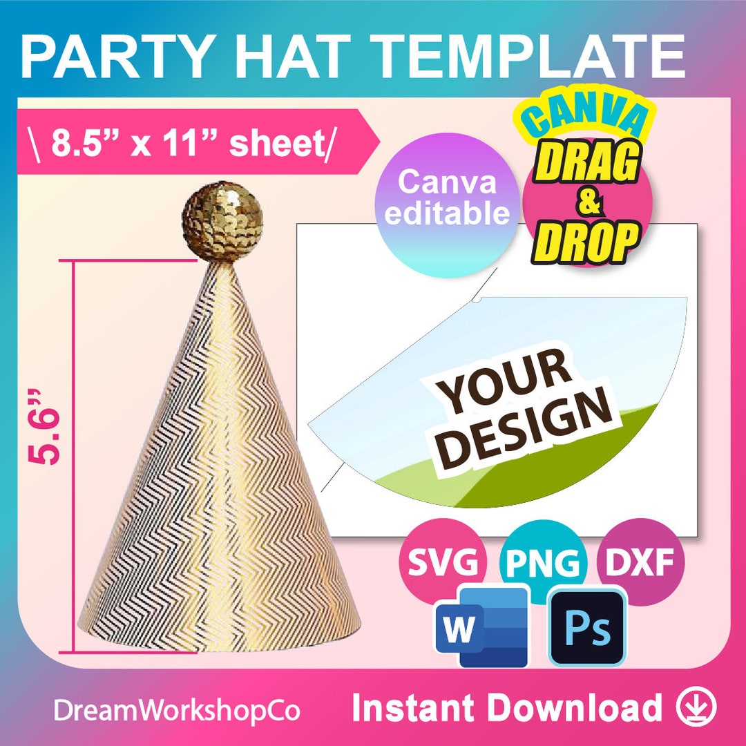Party Hat Template, SVG, Canva, DXF, Ms Word Docx, Png, Psd, 8.5"x11 ...