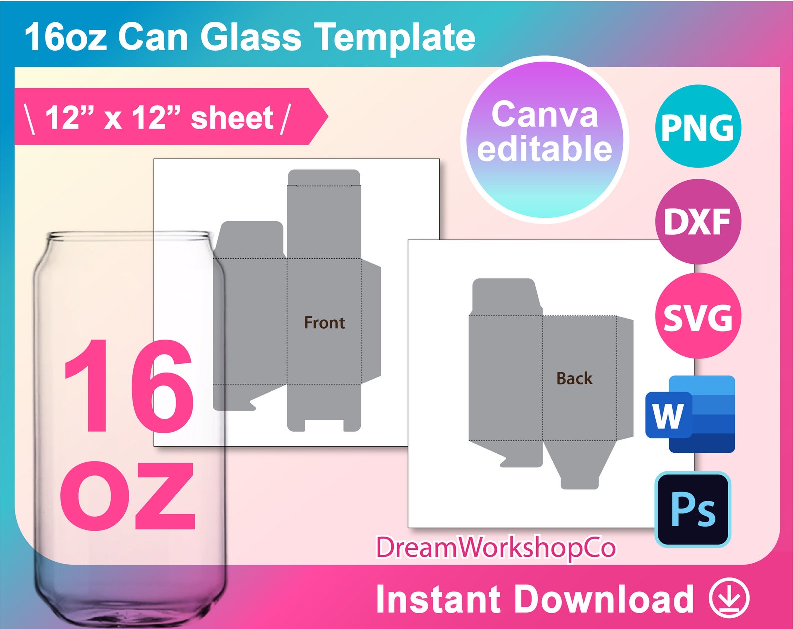 16oz Can Glass Box Template, Canva, SVG, PNG, PSD, 12x12 Sheet (digital ...