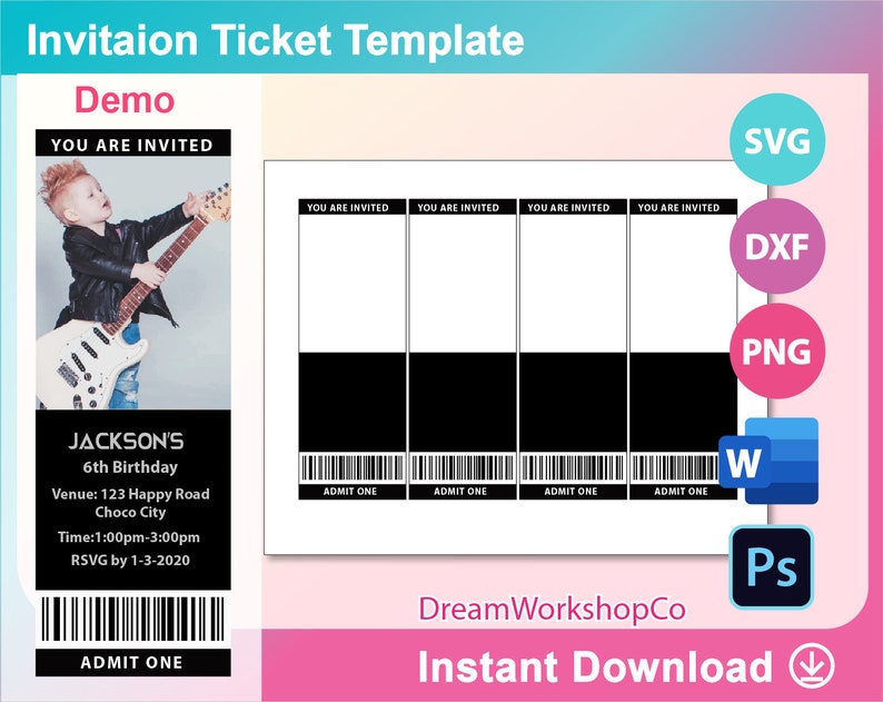 Invitation Ticket Template black Color Ms Word PSD PNG - Etsy